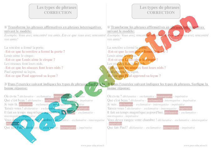 Types de phrases - Exercices corrigés : Primaire 3 - PDF à imprimer