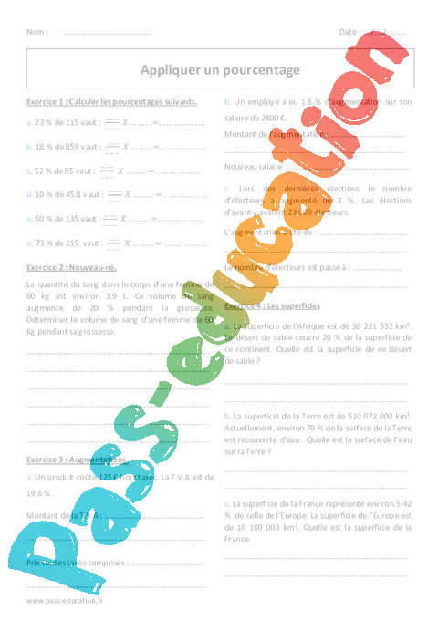 Pourcentages - Exercices avec correction : Secondaire 1 - PDF à imprimer