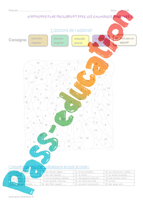Accord de l'adjectif - Coloriage magique : Primaire 4 - PDF à imprimer