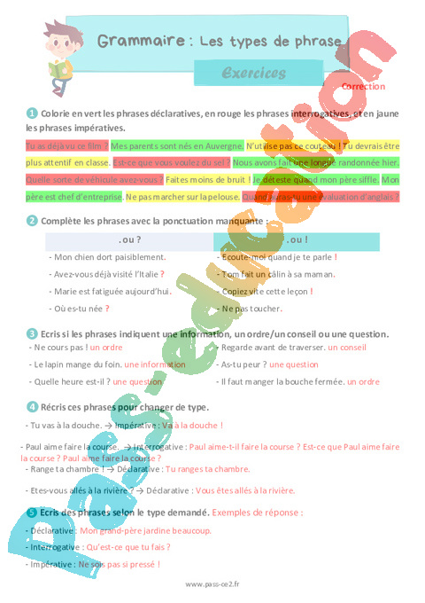 Les types de phrase - Exercices grammaire : Primaire 3 - PDF à imprimer