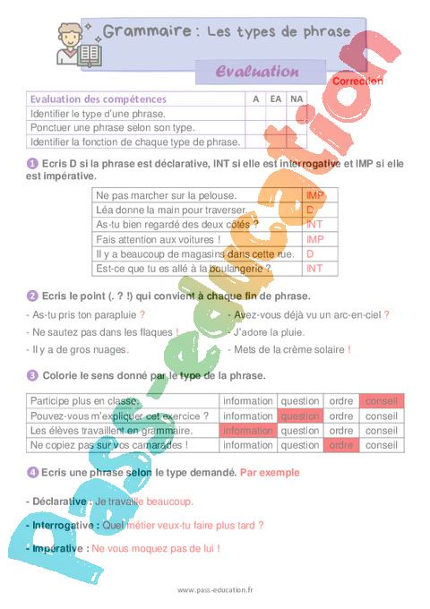 Les types de phrase - Évaluation de grammaire : Primaire 2 - PDF à imprimer